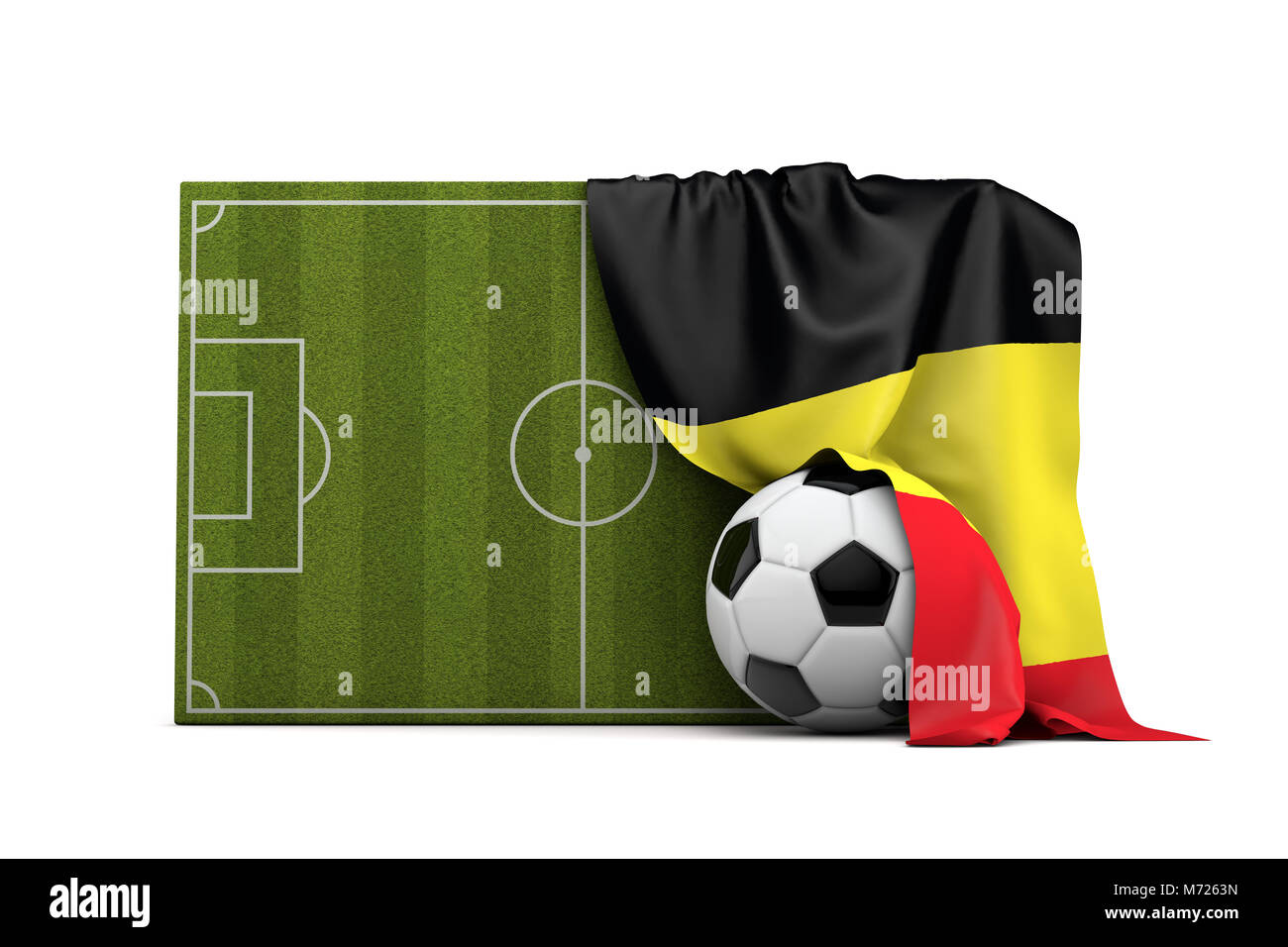 Belgium country flag draped over a football soccer pitch and ball. 3D ...