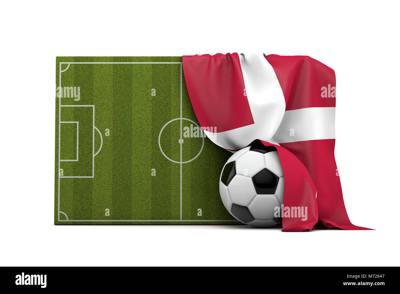 Denmark country flag draped over a football soccer pitch and ball. 3D ...