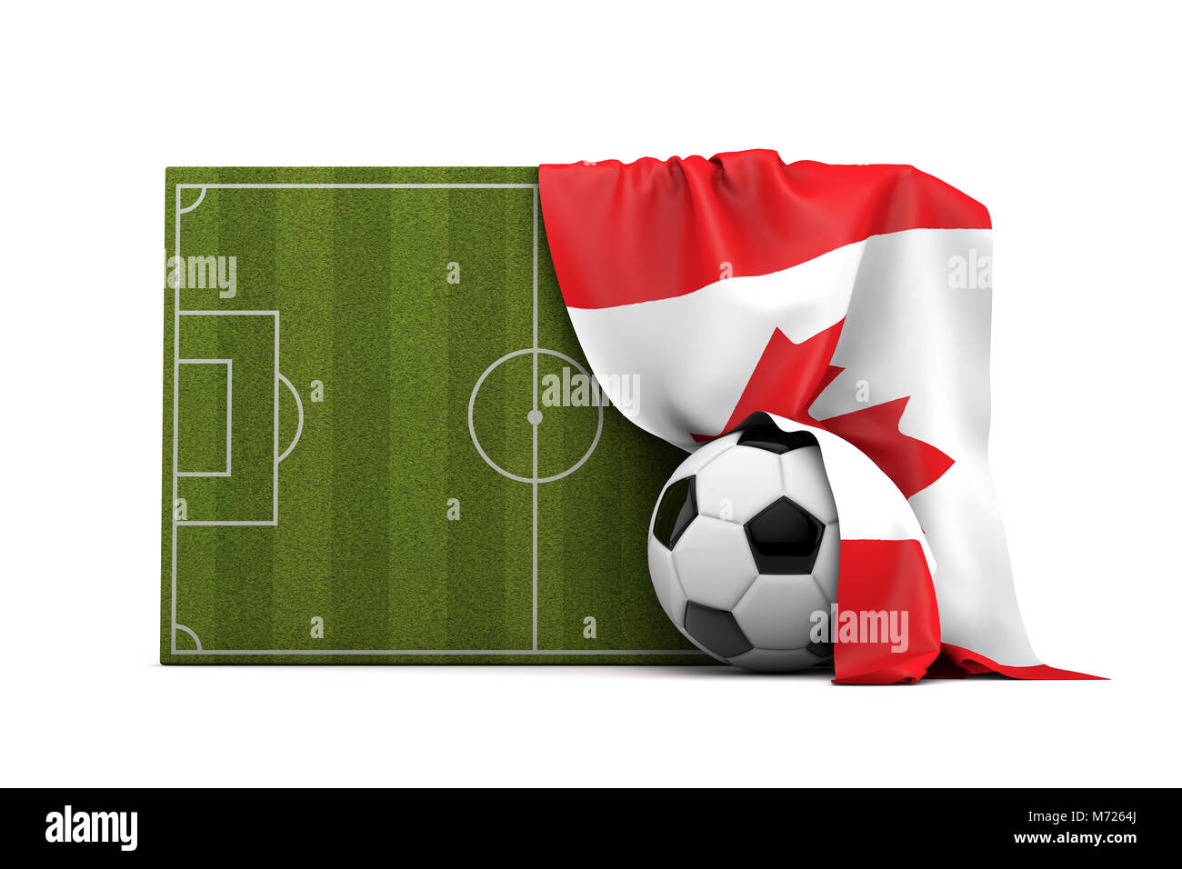Canada country flag draped over a football soccer pitch and ball. 3D ...