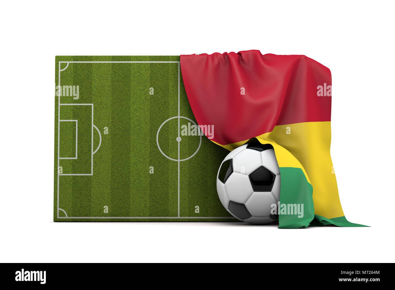 Guinea country flag draped over a football soccer pitch and ball. 3D ...