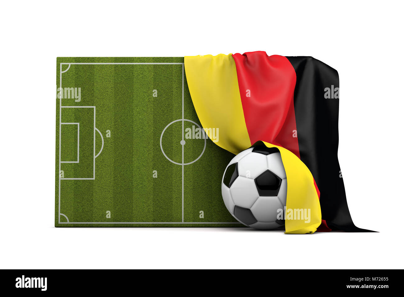Germany country flag draped over a football soccer pitch and ball. 3D ...