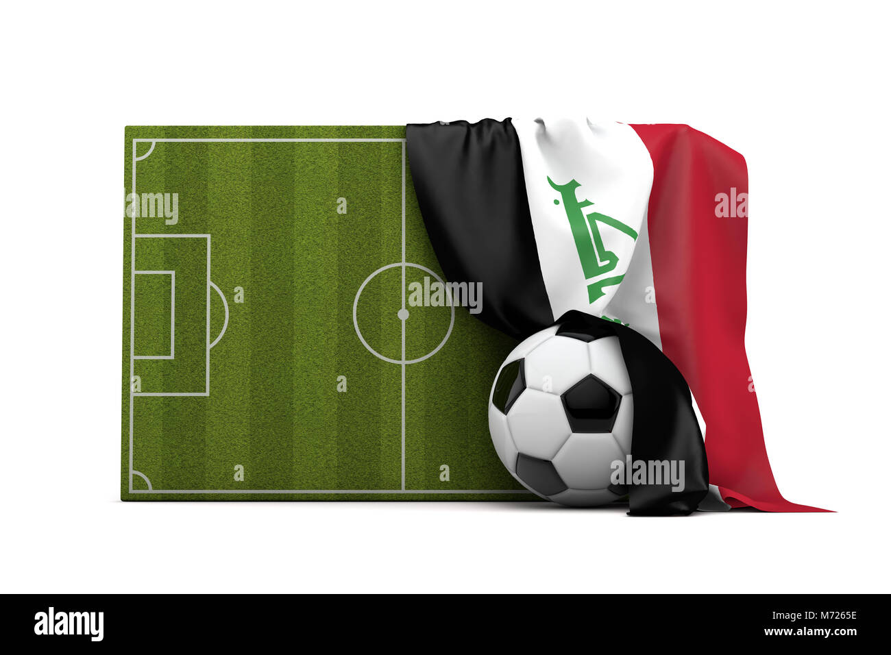 Iraq country flag draped over a football soccer pitch and ball. 3D ...