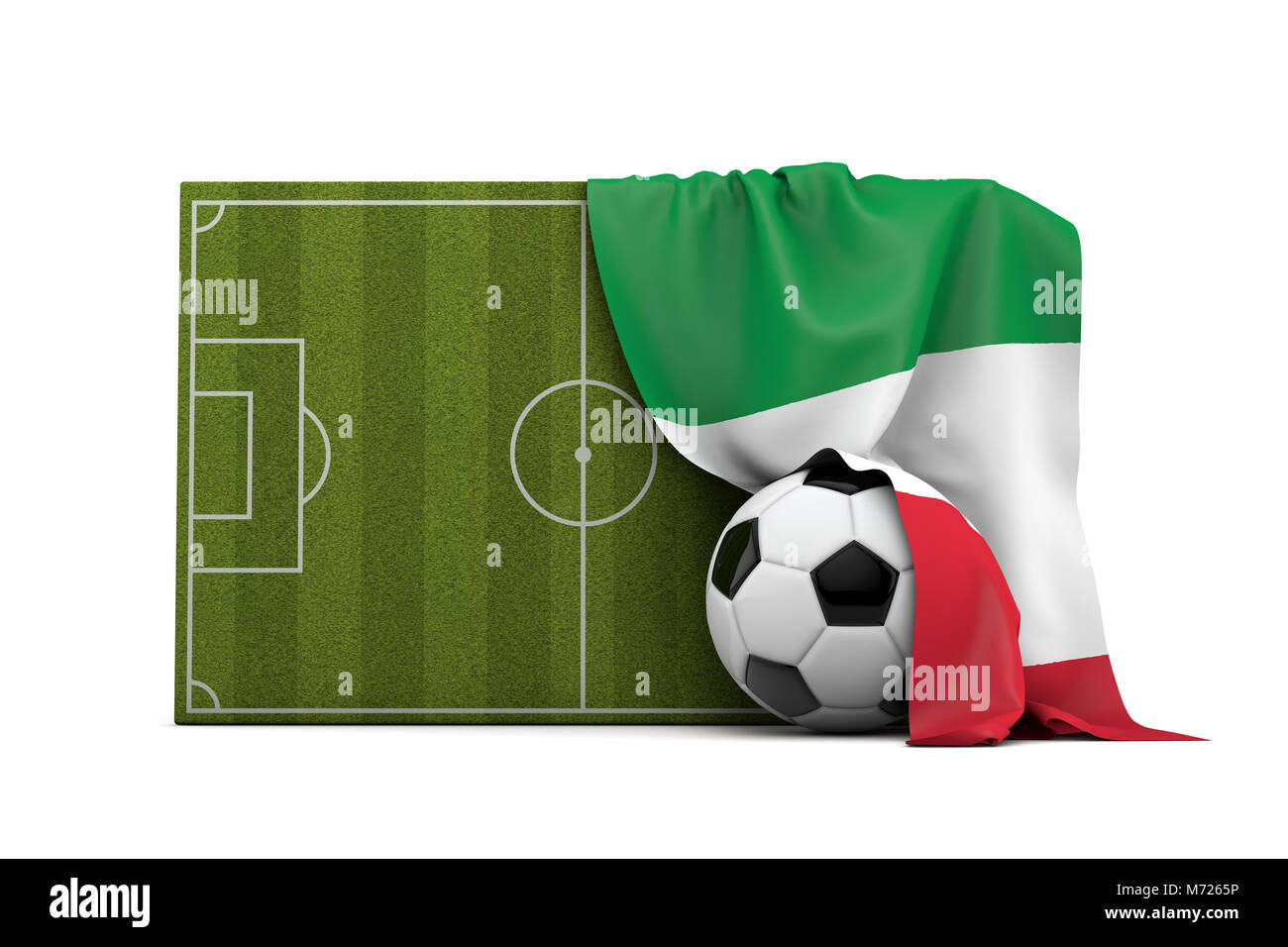 Italy country flag draped over a football soccer pitch and ball. 3D ...
