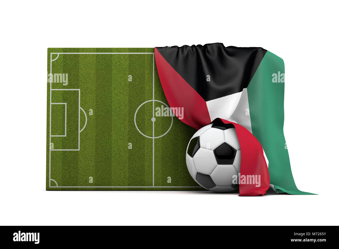Kuwait country flag draped over a football soccer pitch and ball. 3D ...
