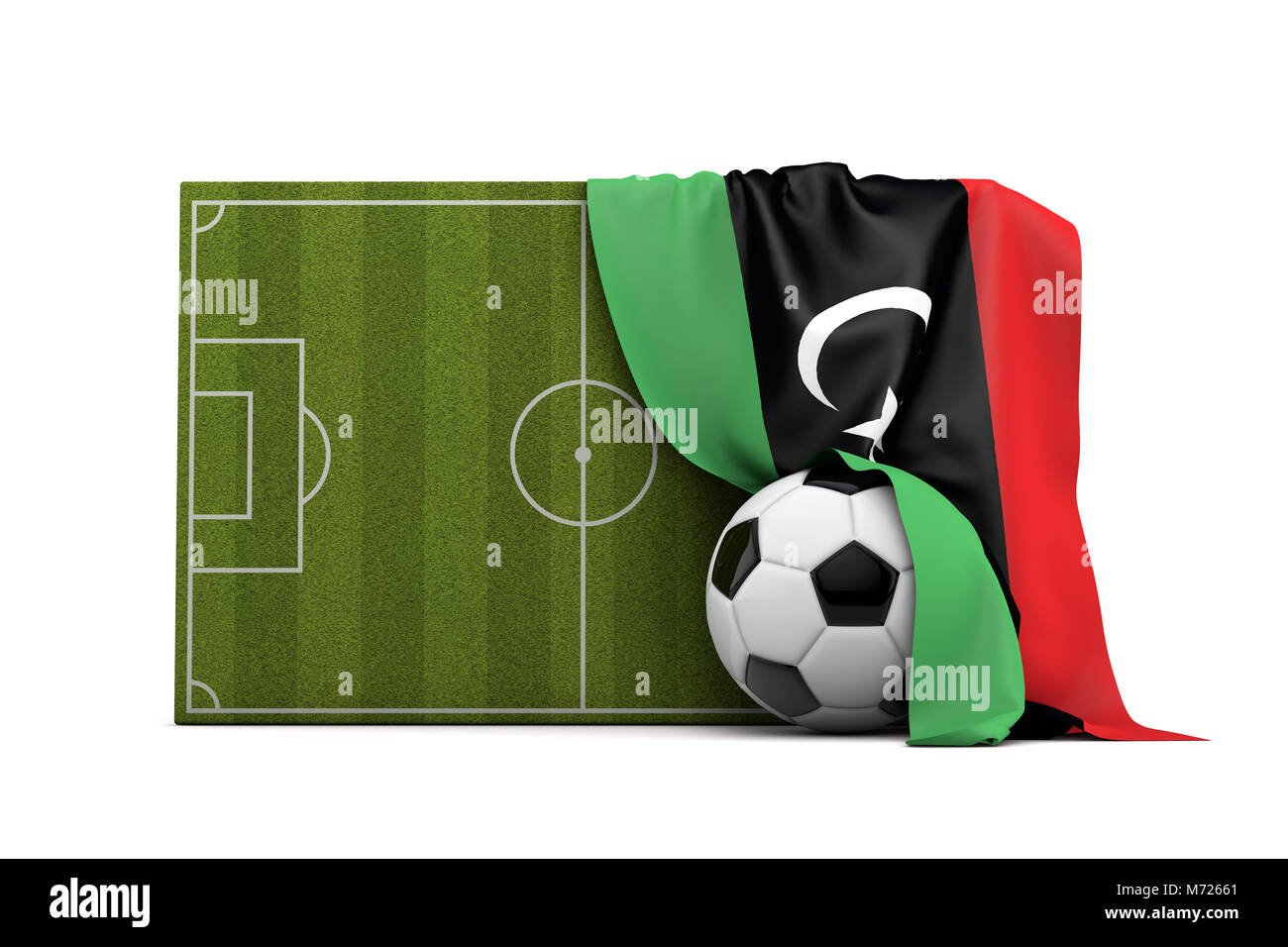 Libya country flag draped over a football soccer pitch and ball. 3D Rendering Stock Photo - Alamy