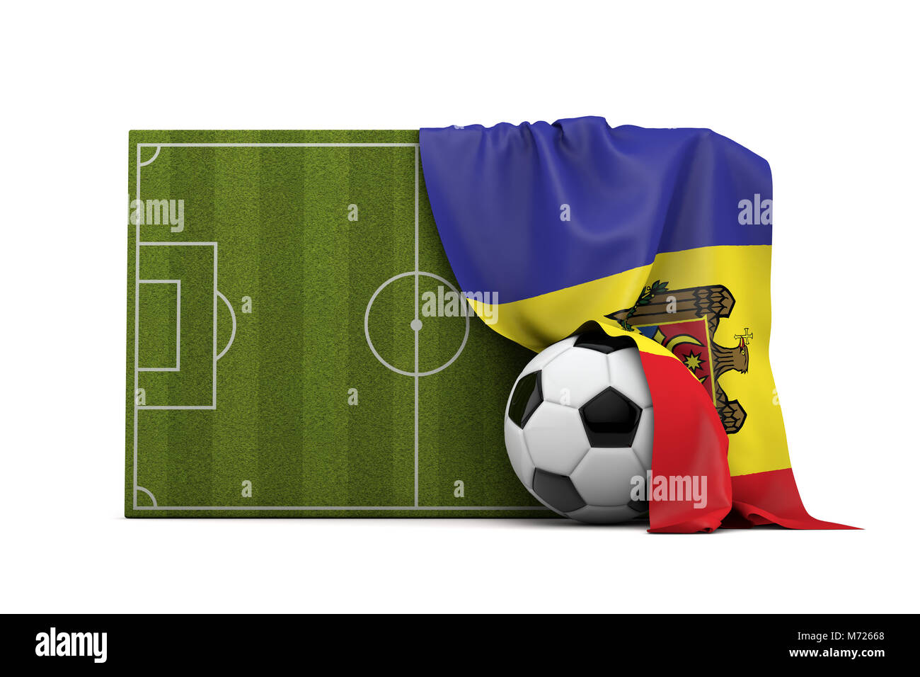 Moldova country flag draped over a football soccer pitch and ball. 3D ...