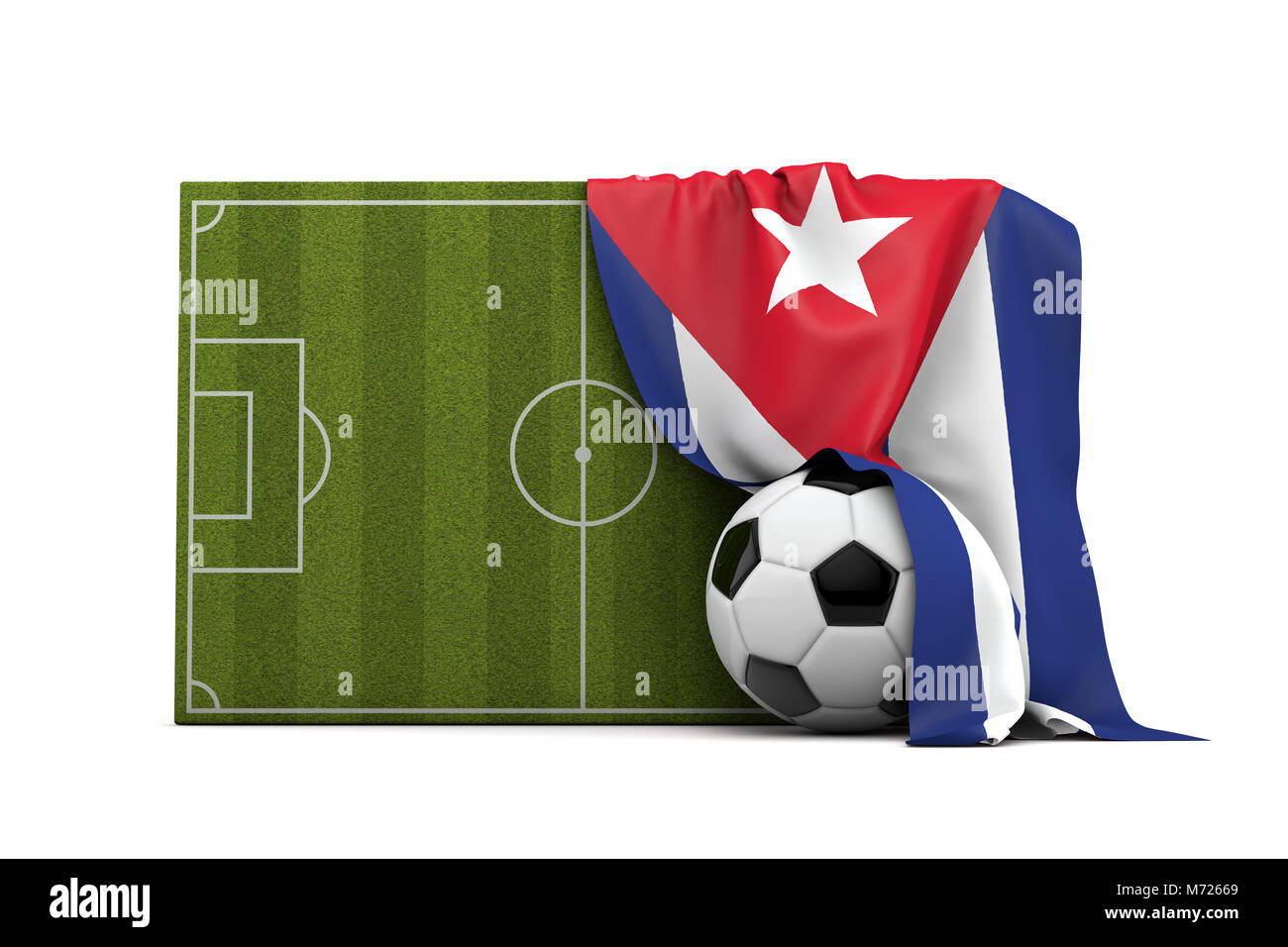 Cuba country flag draped over a football soccer pitch and ball. 3D ...