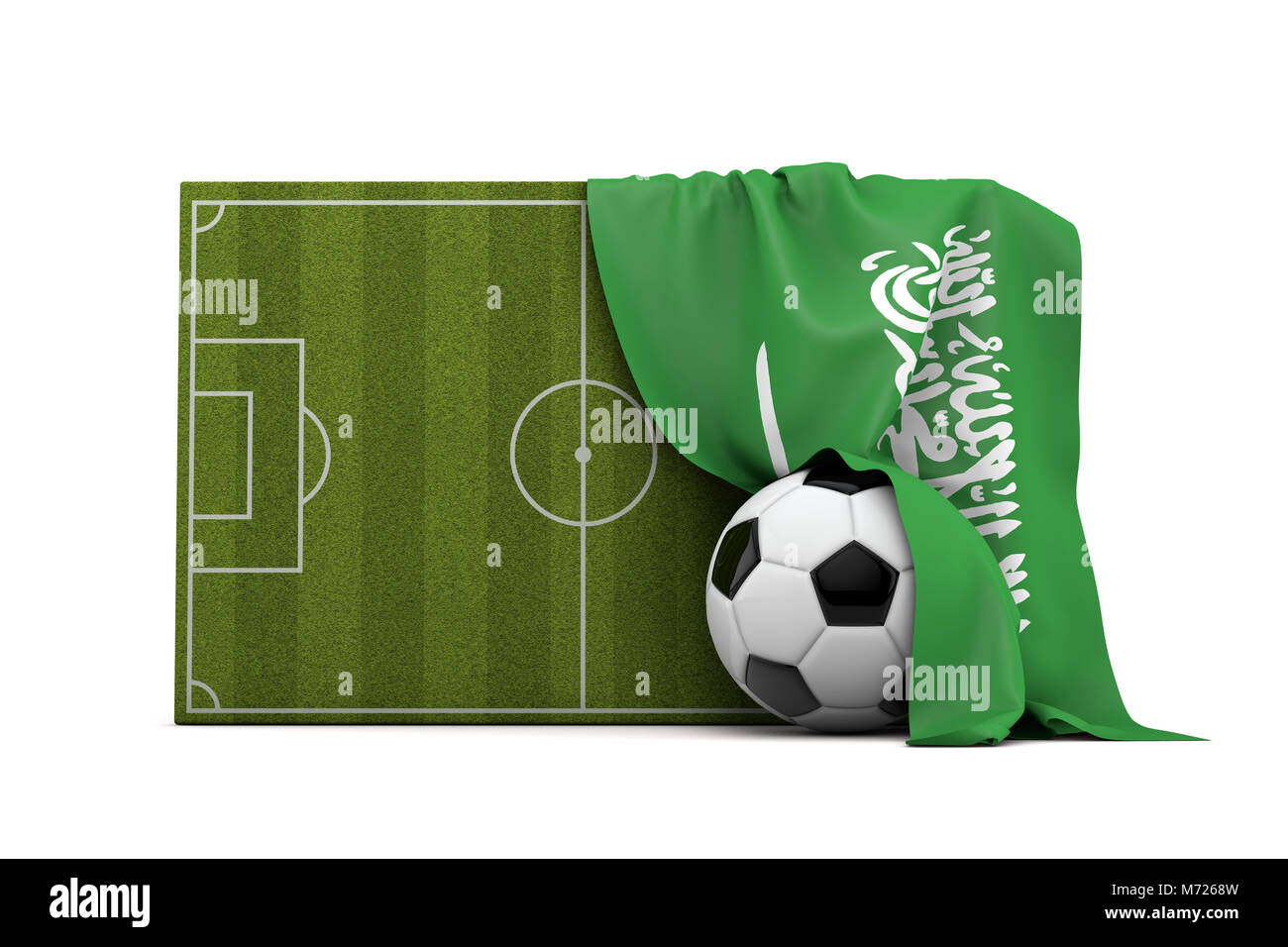 Saudi Arabia country flag draped over a football soccer pitch and ball ...