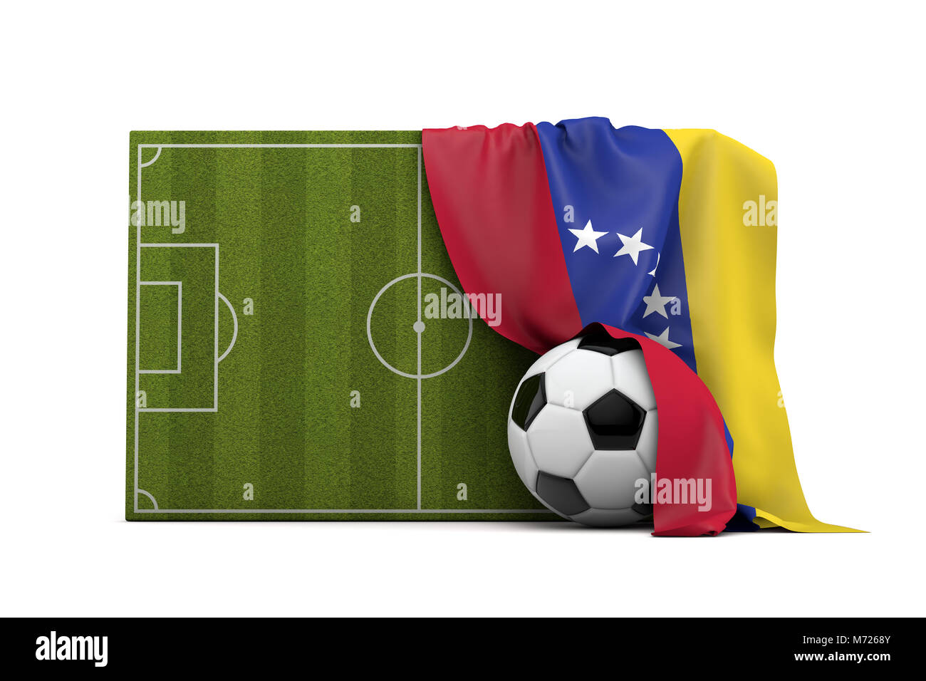 Venezuela country flag draped over a football soccer pitch and ball. 3D ...