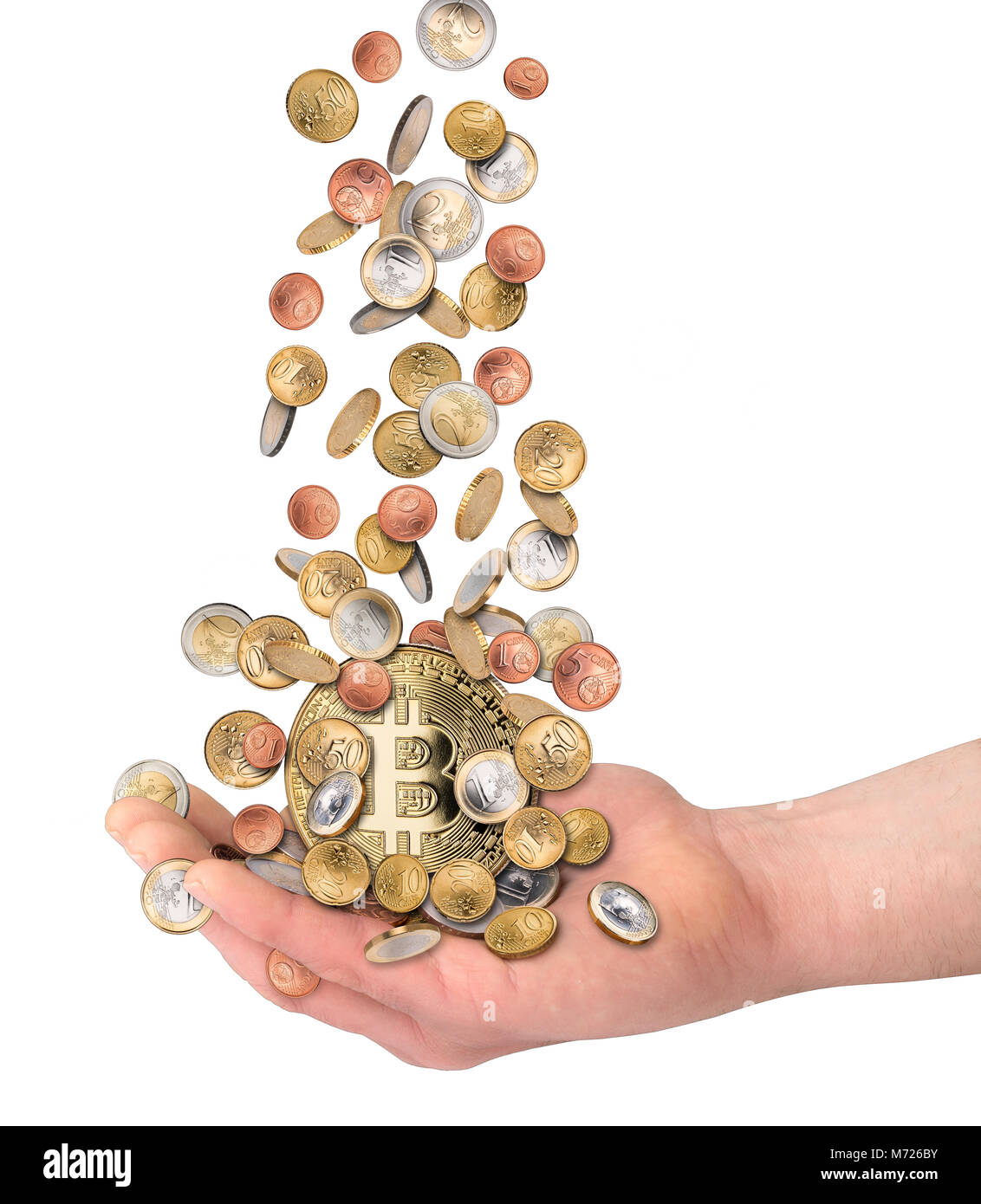 euro coin money rain falling from sky on open hand with golden bitcoin ...