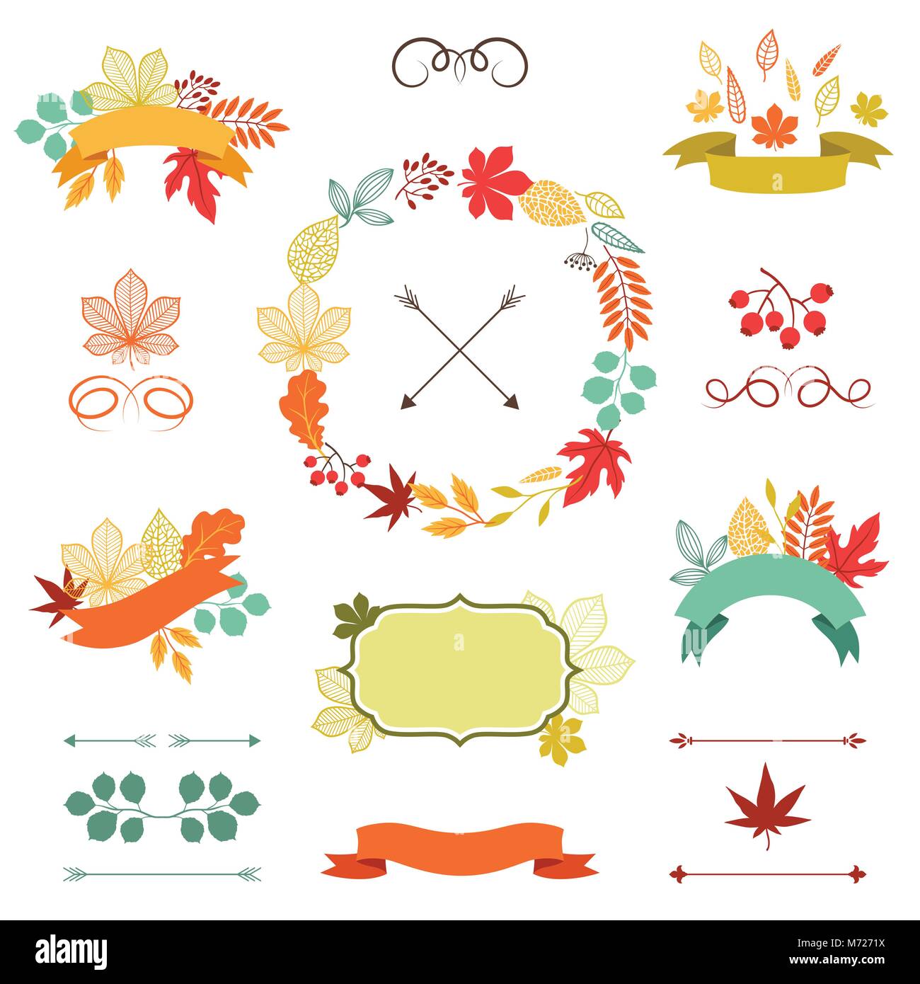Autumn leaves set of wreath, ribbons and labels Stock Vector Image ...