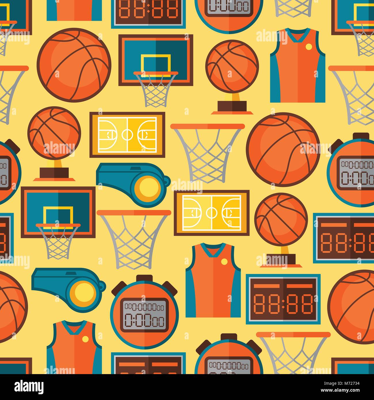 Sports seamless pattern with basketball icons in flat style Stock ...