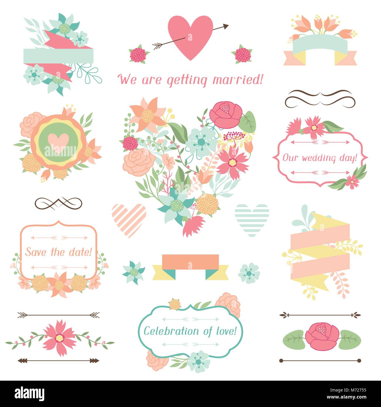 Wedding collection of decorations, flowers, ribbons and labels Stock ...