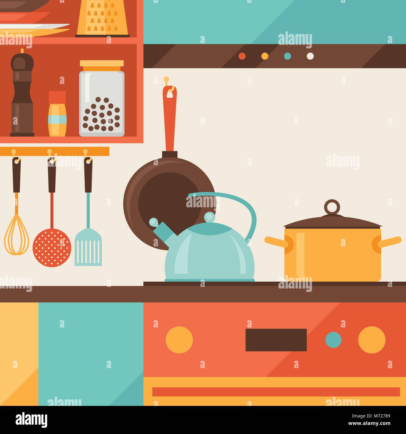 Card with kitchen interior and cooking utensils in retro style Stock ...