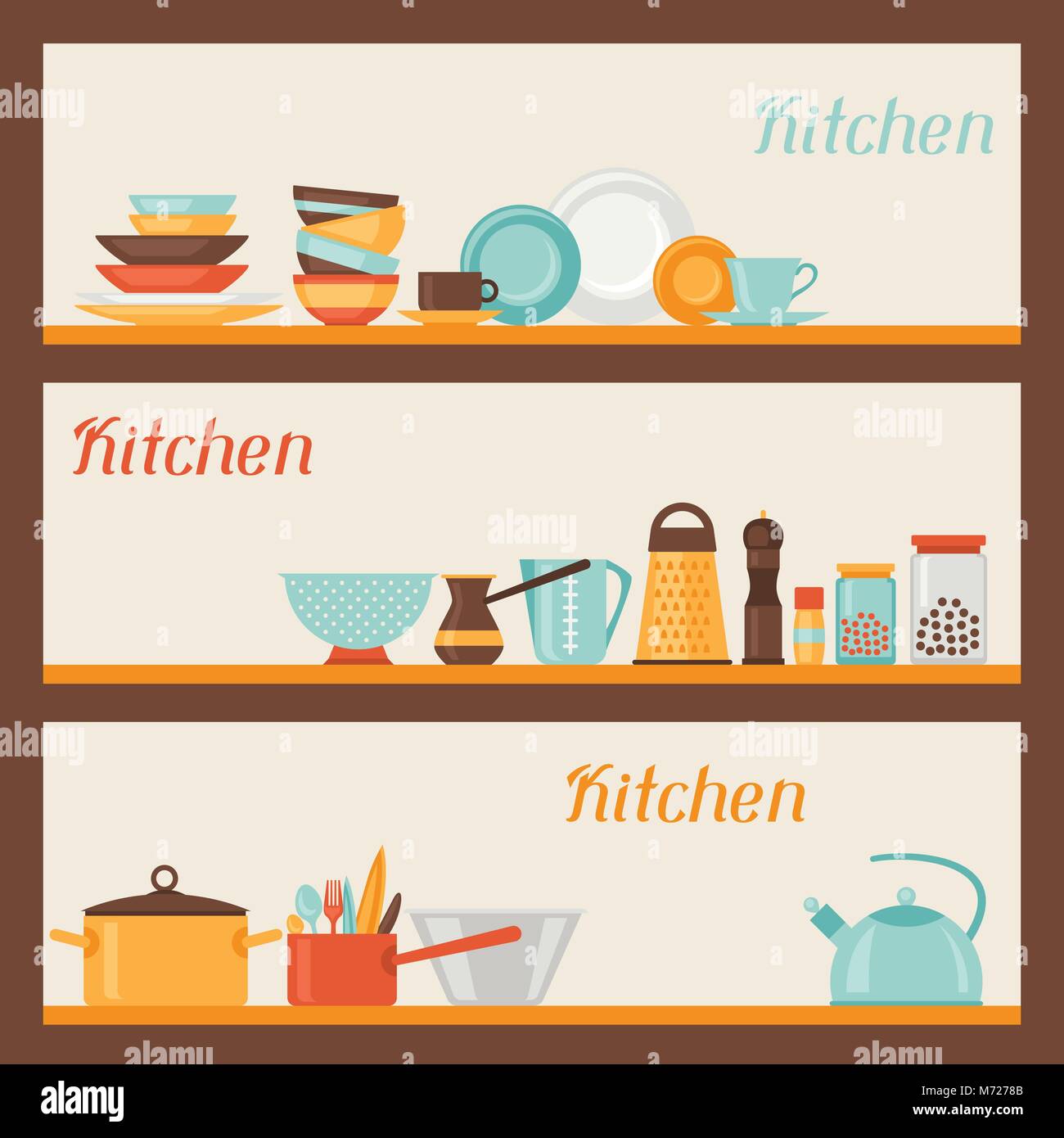 Horizontal banners with kitchen and restaurant utensils icons Stock ...