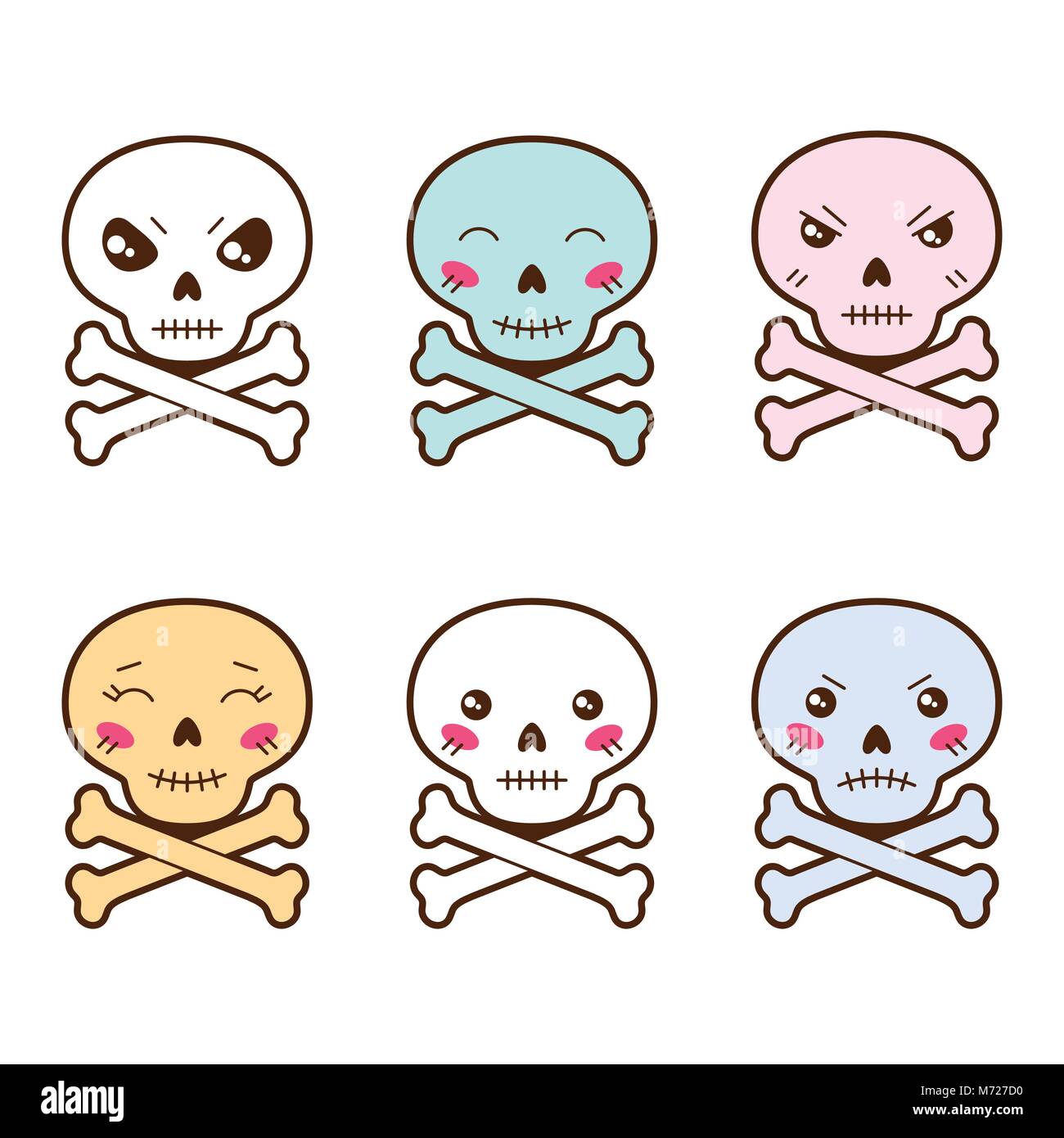 Set of kawaii skulls with different facial expressions Stock Vector ...