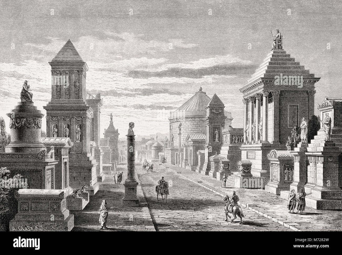 The Appian Way or Via Appia near ancient Rome, reconstruction Stock ...