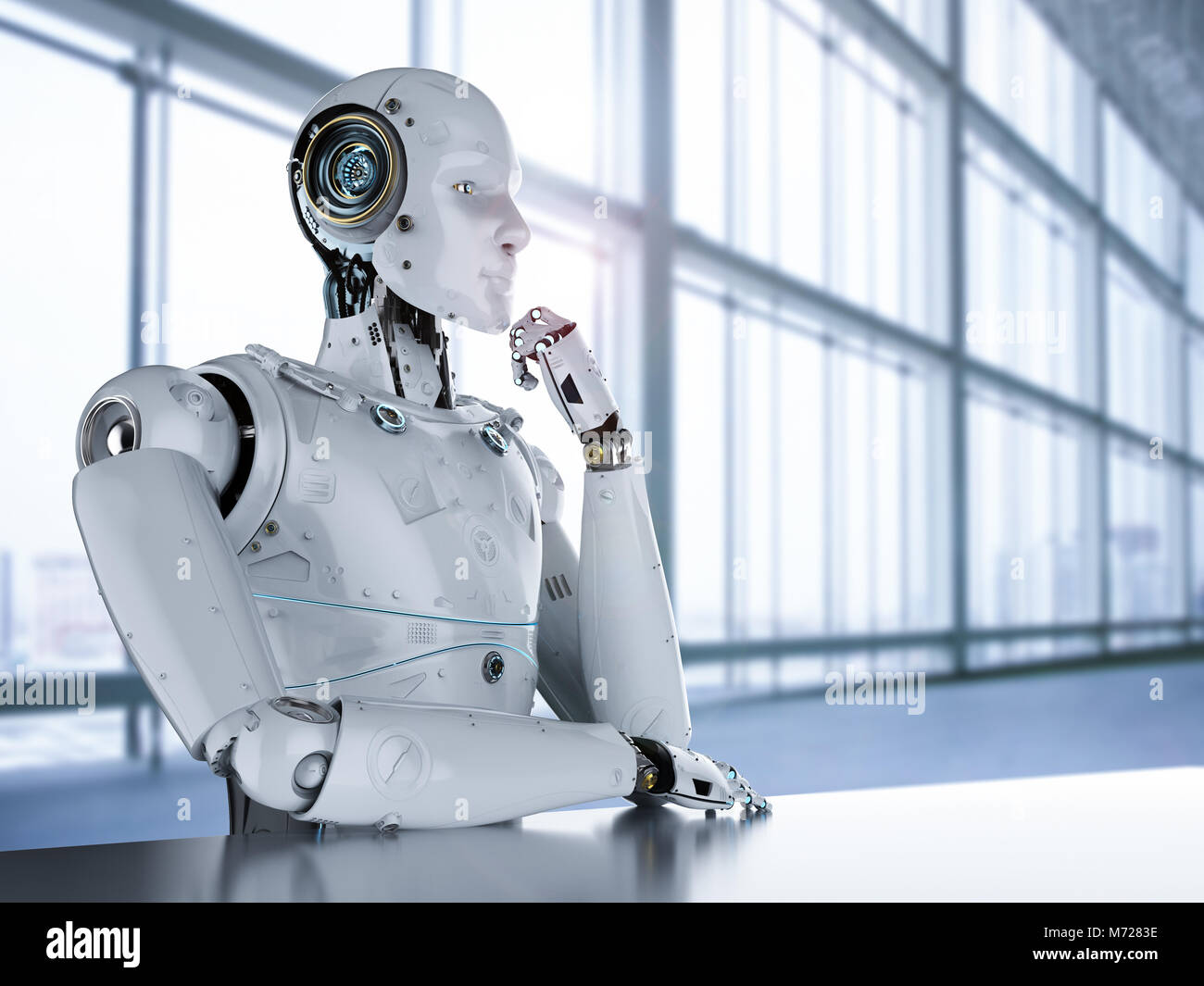 3d rendering humanoid robot thinking on office background Stock Photo - Alamy