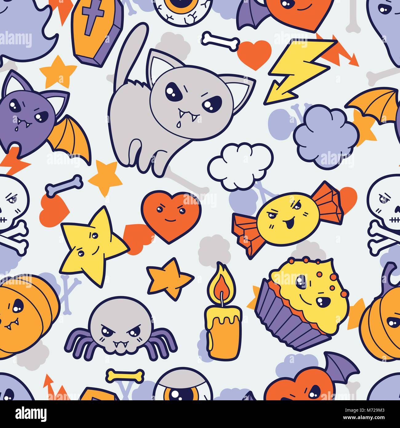 Seamless halloween kawaii pattern with cute doodles Stock Vector Image ...