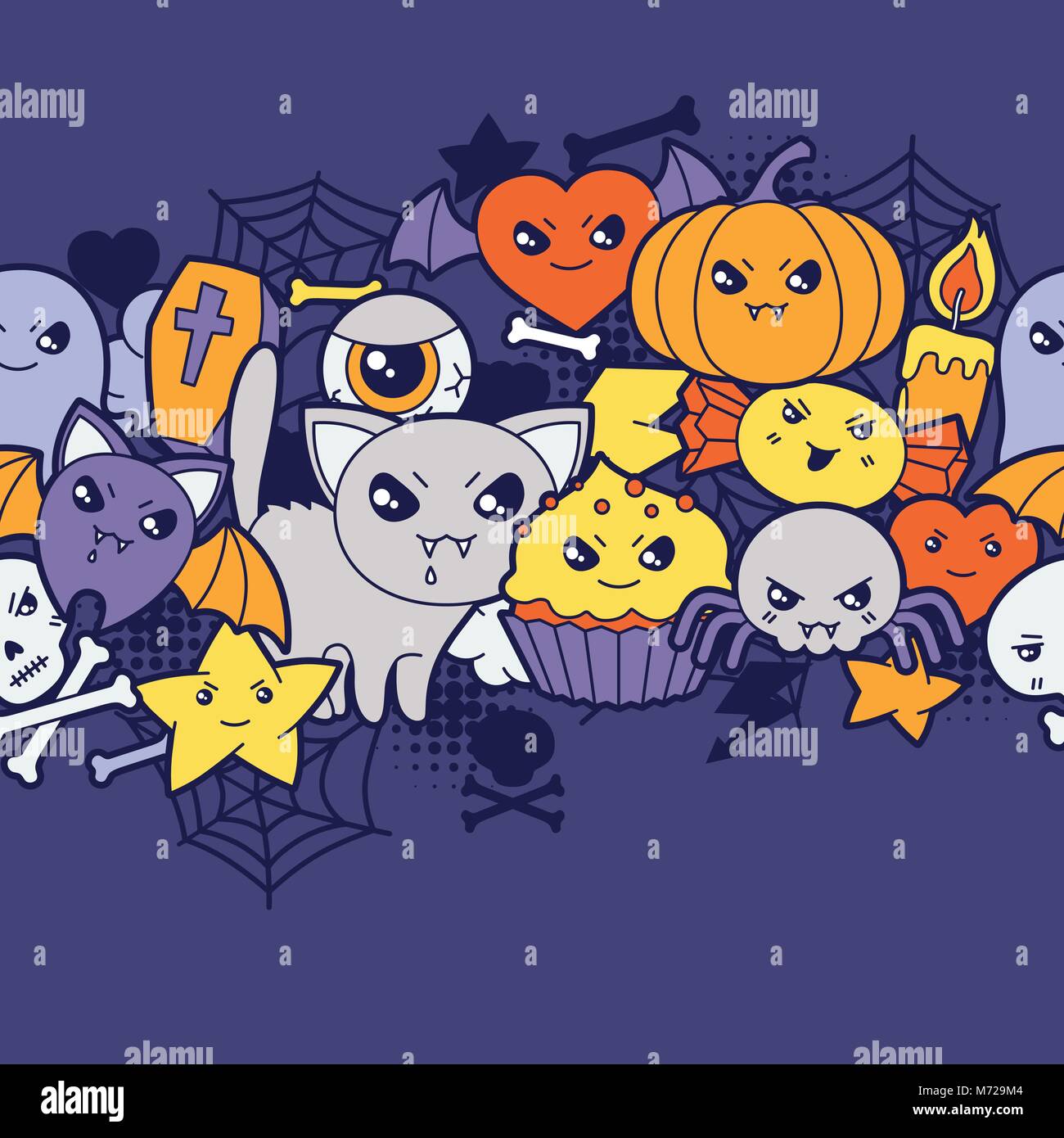 Seamless halloween kawaii pattern with cute doodles Stock Vector Image ...
