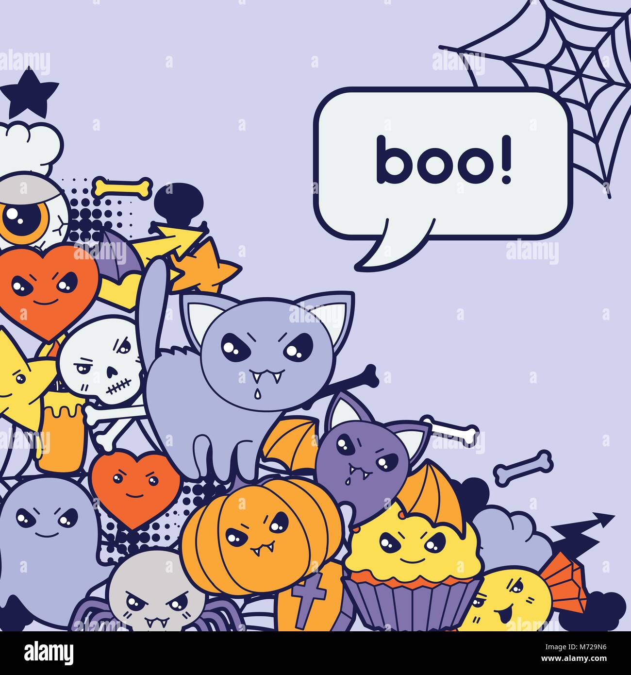Halloween kawaii greeting card with cute doodles Stock Vector Image ...