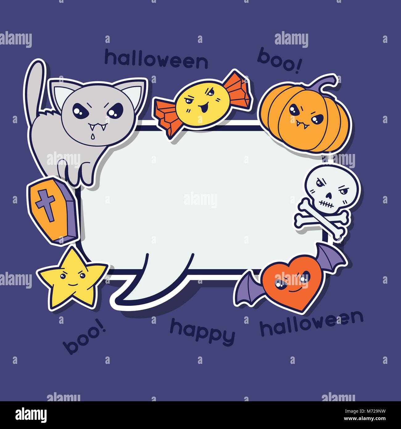 Halloween kawaii greeting card with cute sticker doodles Stock Vector ...