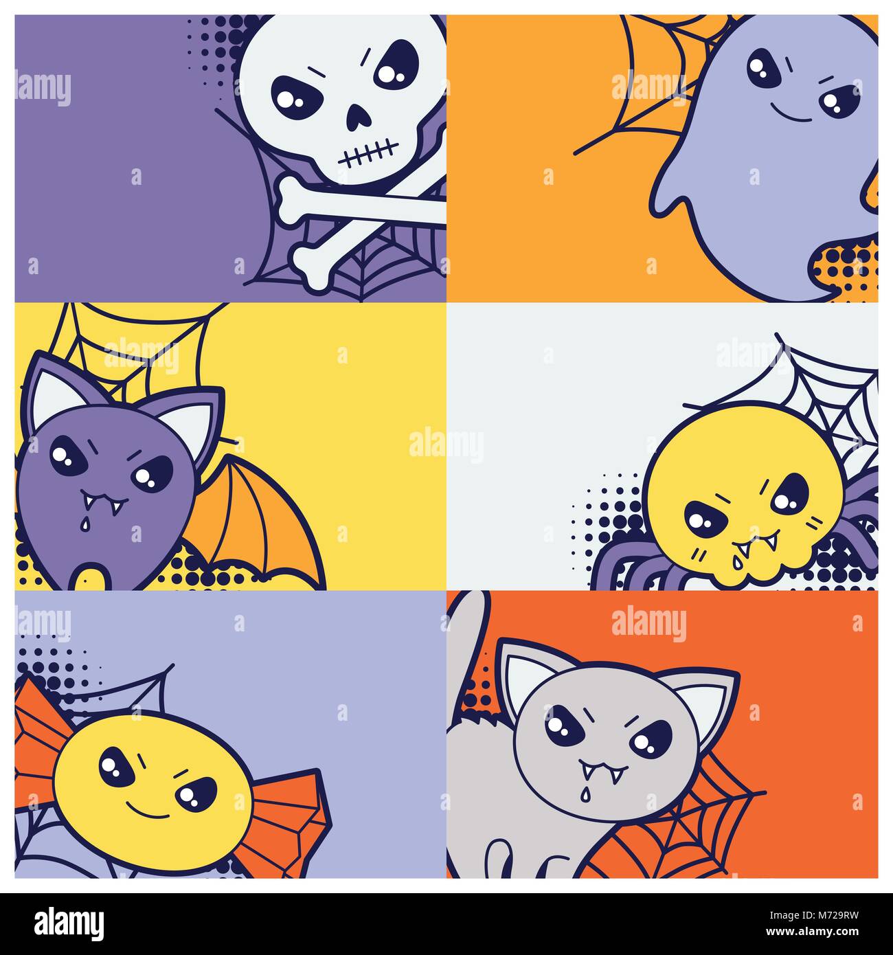 Halloween kawaii greeting cards with cute doodles Stock Vector Image ...