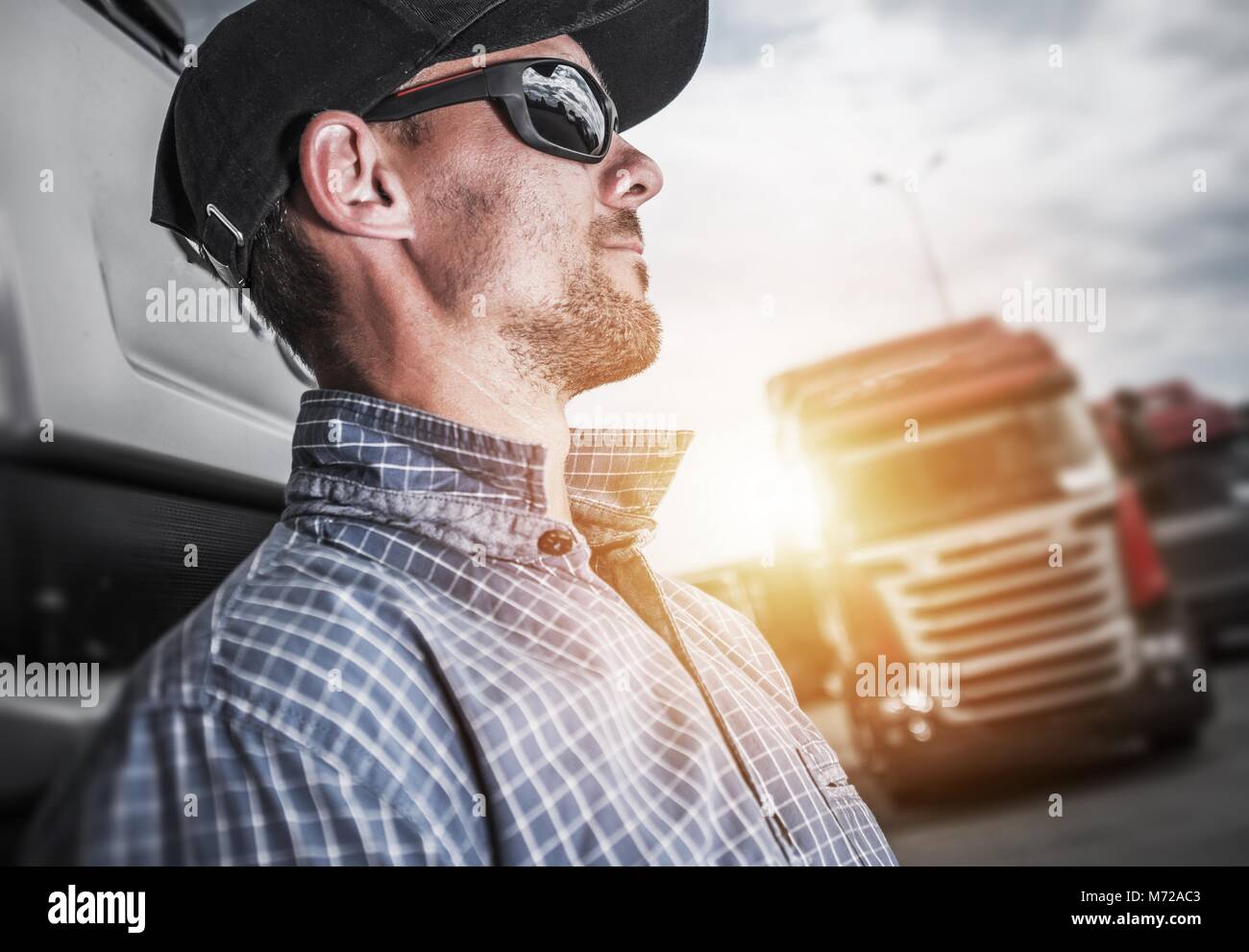 Proud Caucasian Semi Truck Driver Portrait In Front of His Truck Stock ...