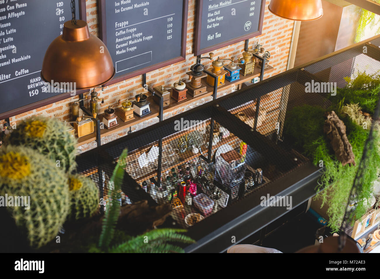 Top view of coffee bar with machine and device for make beverage full ...