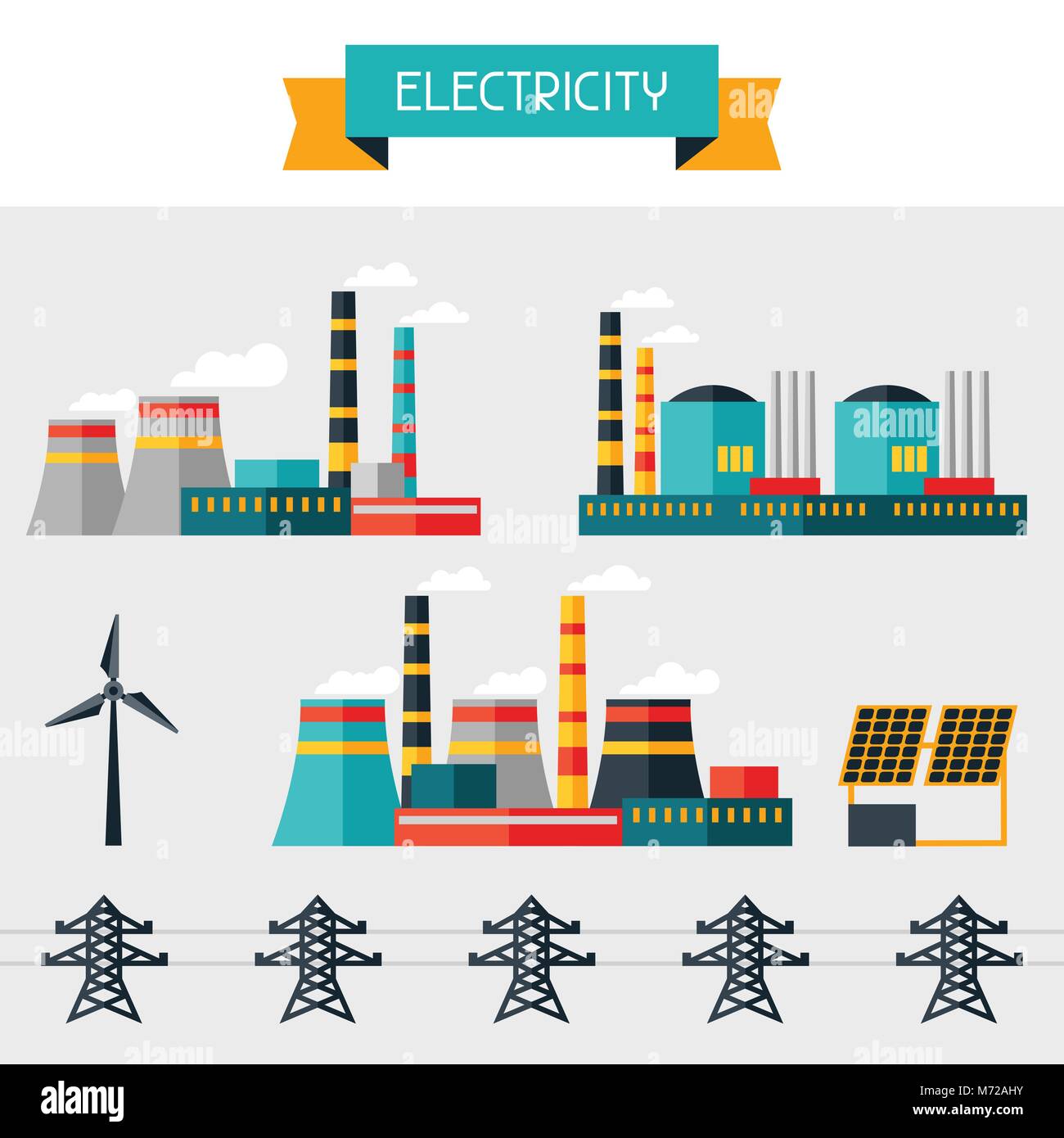 Electricity set of industry power plants in flat design style Stock ...