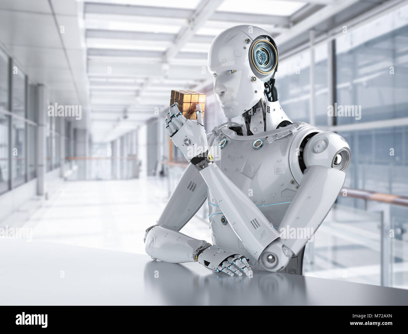 3d rendering humanoid robot playing cube puzzle Stock Photo - Alamy