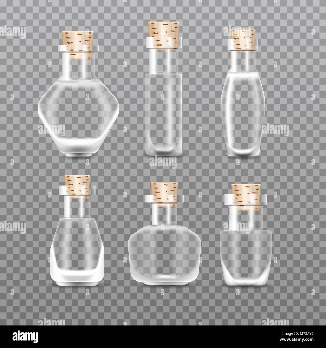 Realistic empty Chemistry glass bottles of potion set. Love potion ...