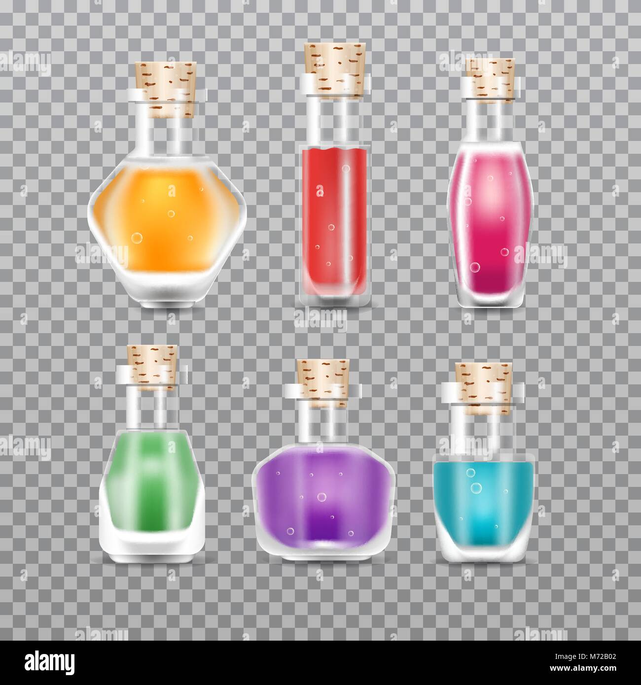 Realistic Chemistry glass bottles of potion set. Love potion. Vector ...
