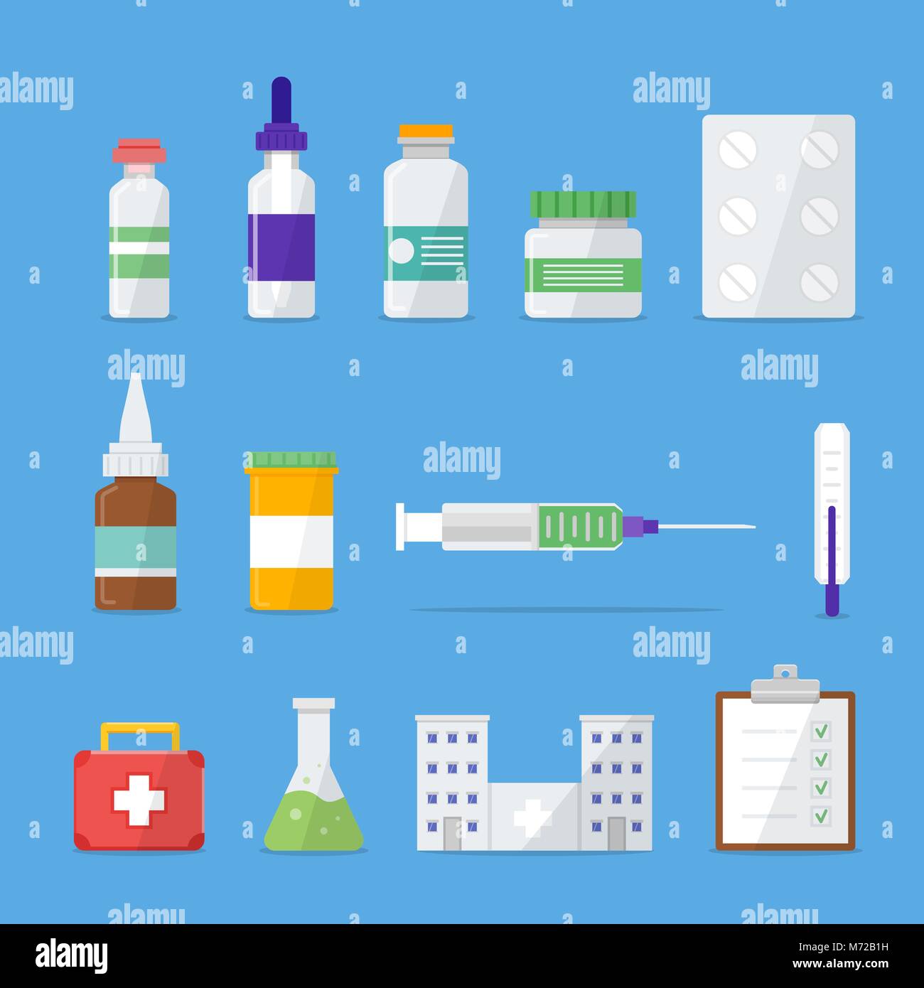 Medical flat icons set. Medicines, pills, hospital, syringe ...