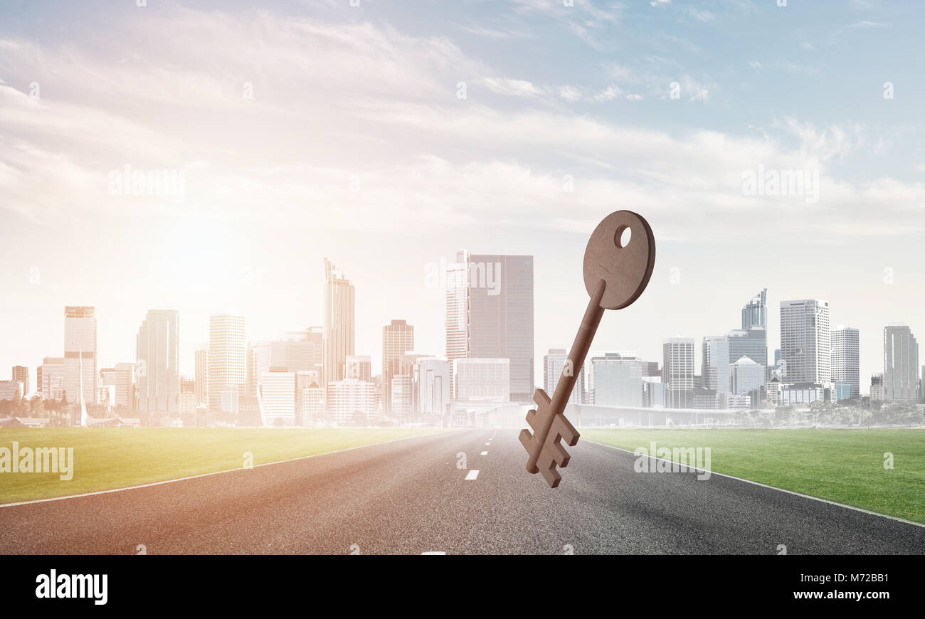 Conceptual background image of concrete key sign on asphalt road Stock ...