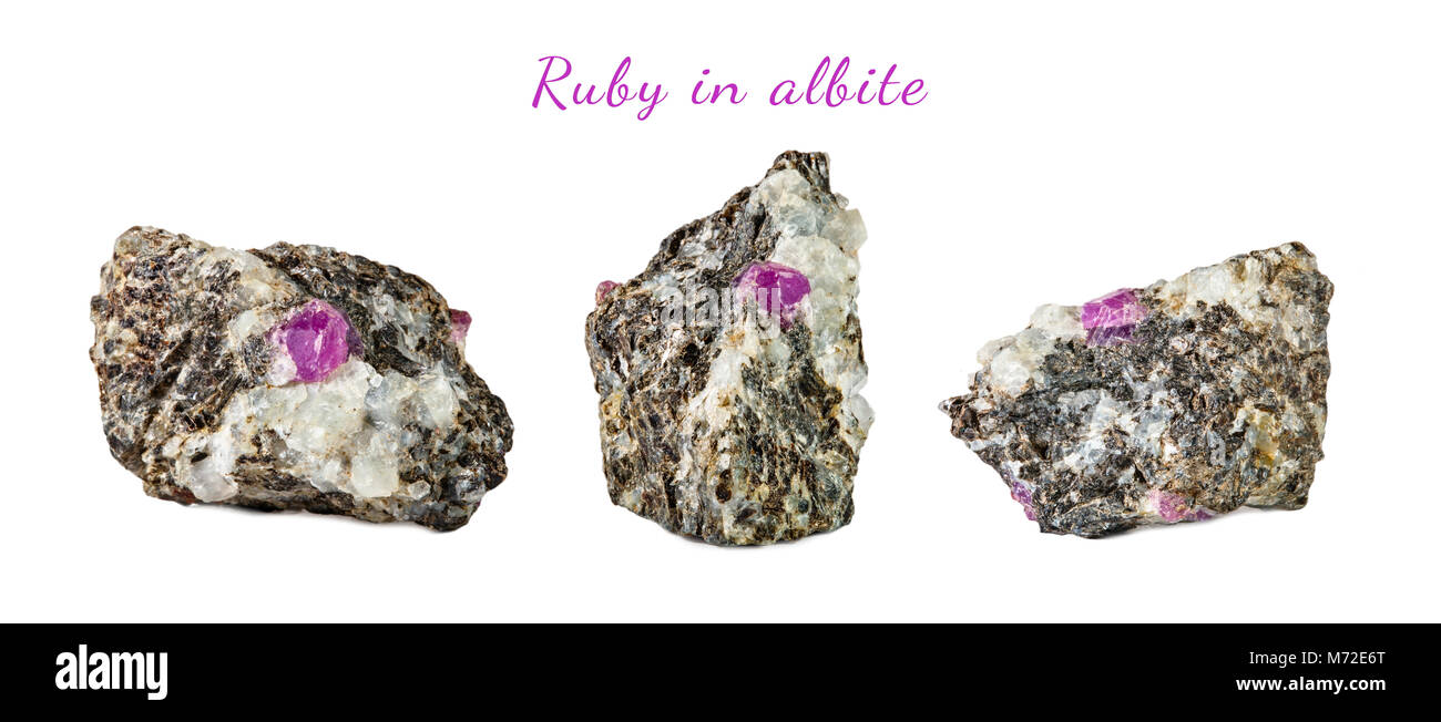 Macro shooting of natural gemstone. Raw mineral ruby in albite. Karelia ...