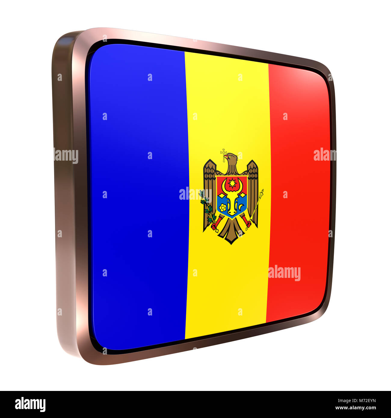 3d rendering of a Moldova flag icon with a metallic frame. Isolated on ...