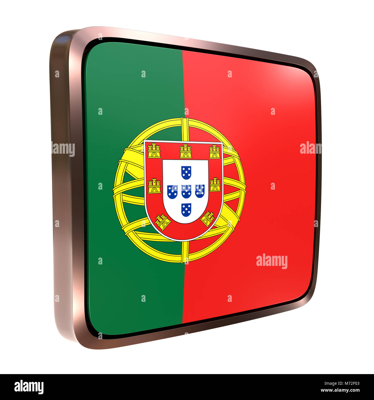 3d rendering of a Portugal flag icon with a metallic frame. Isolated on ...