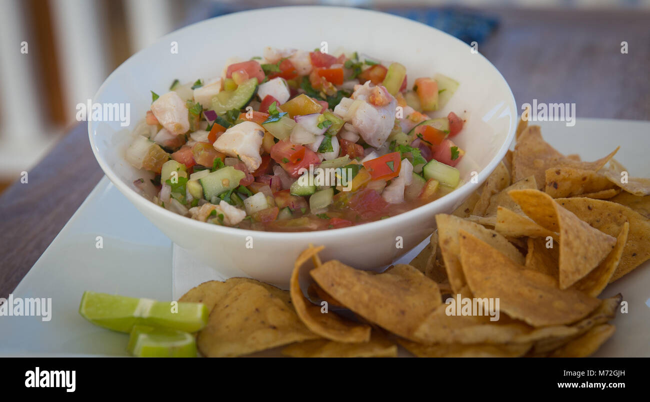 Seafood Ceviche and Chips Stock Photo - Alamy
