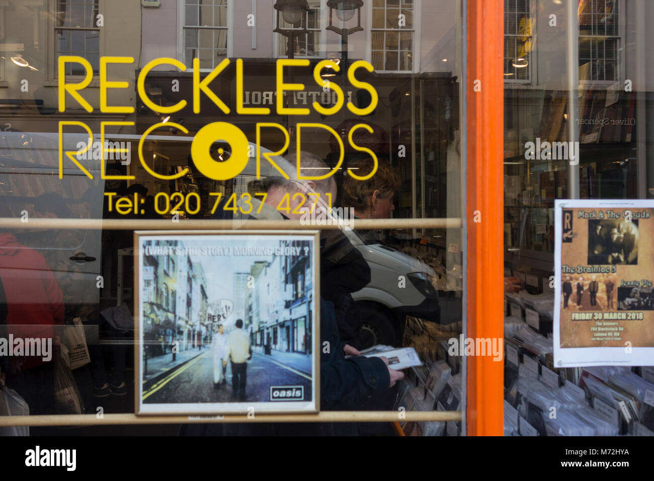 Oasis' What's the Story Morning Glory album cover in the shop window of Reckless Records in Soho ...