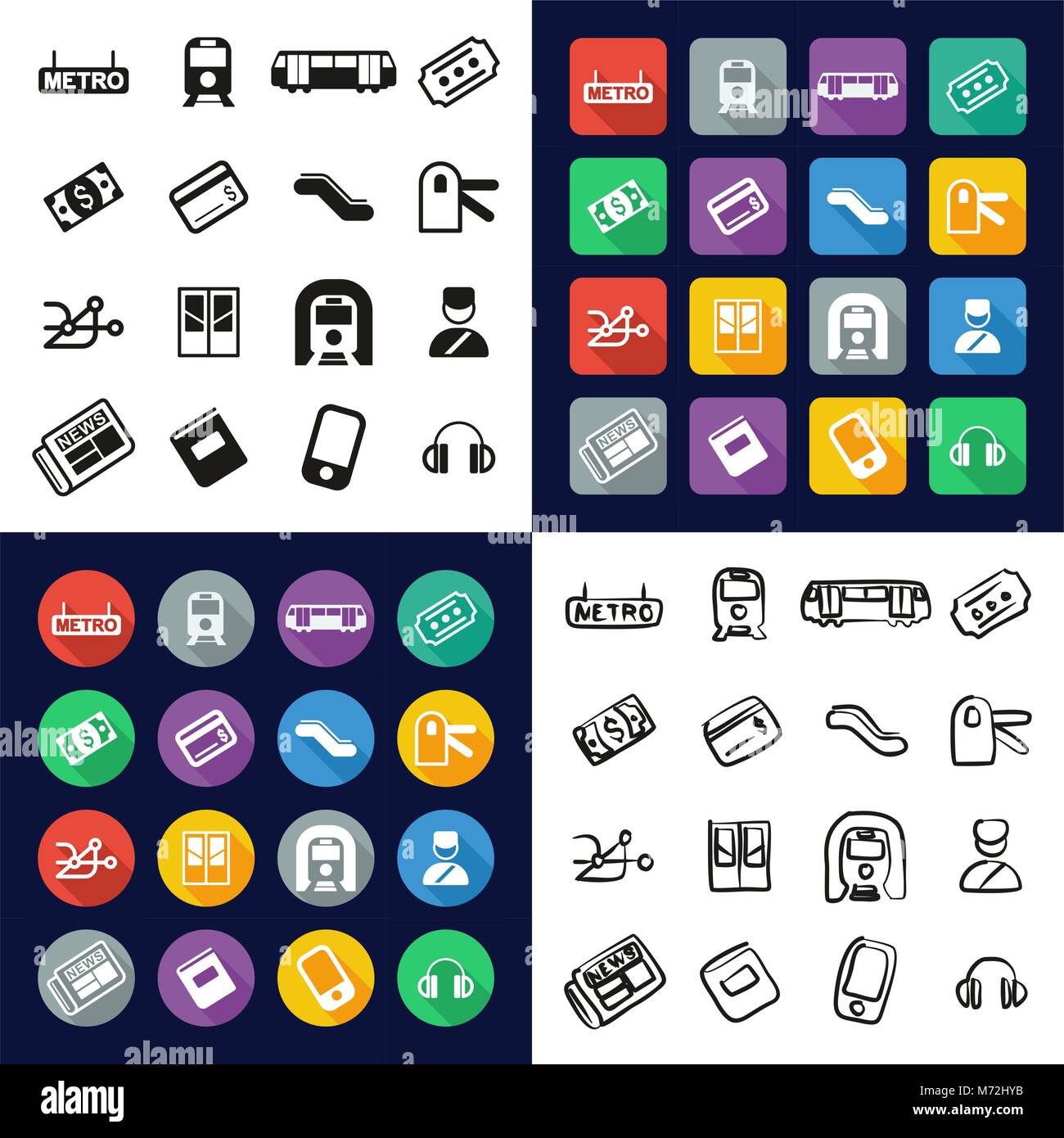 Metro Or Subway All in One Icons Black & White Color Flat Design ...