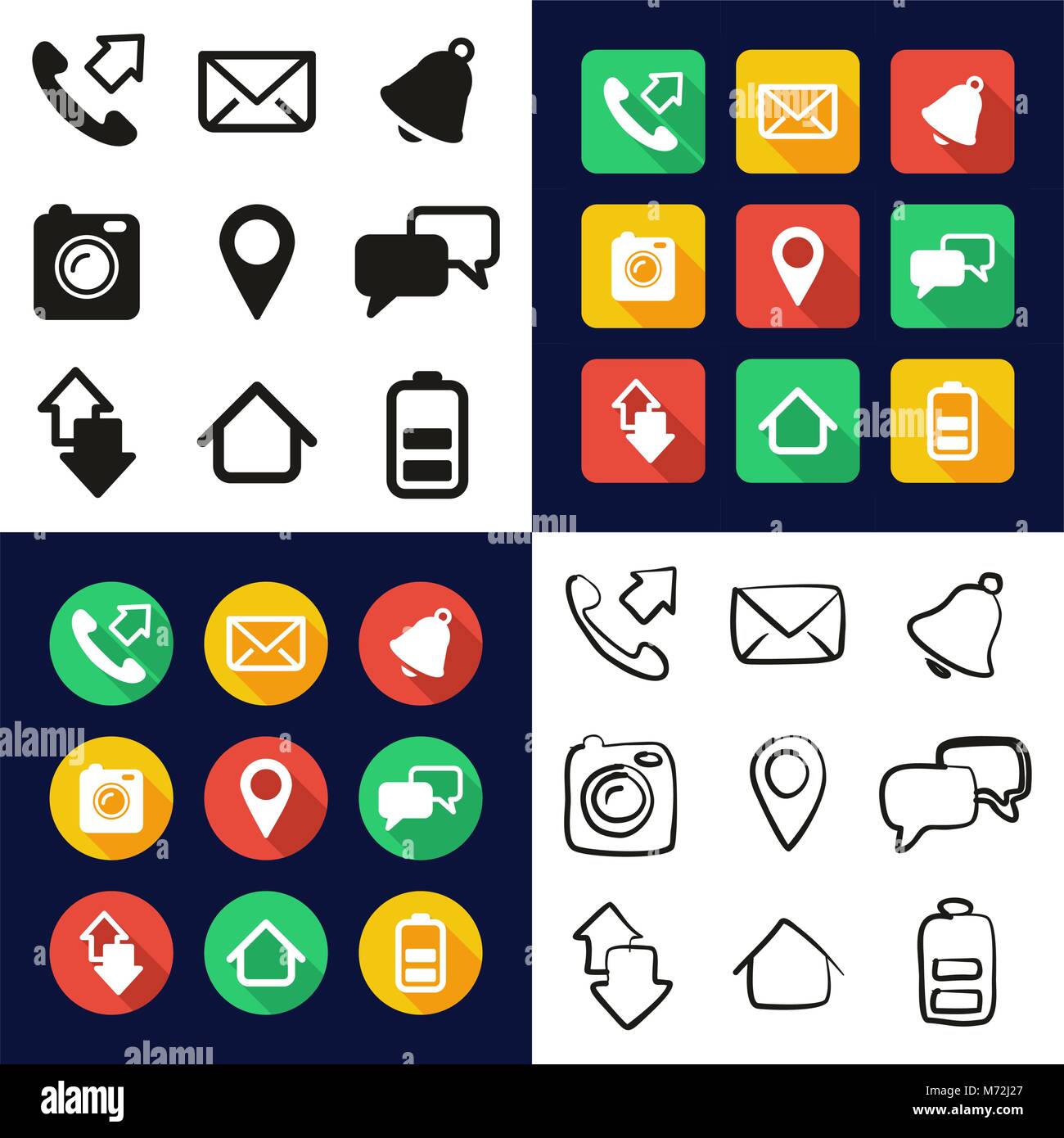 Mobile Phone All in One Icons Black & White Color Flat Design Freehand ...