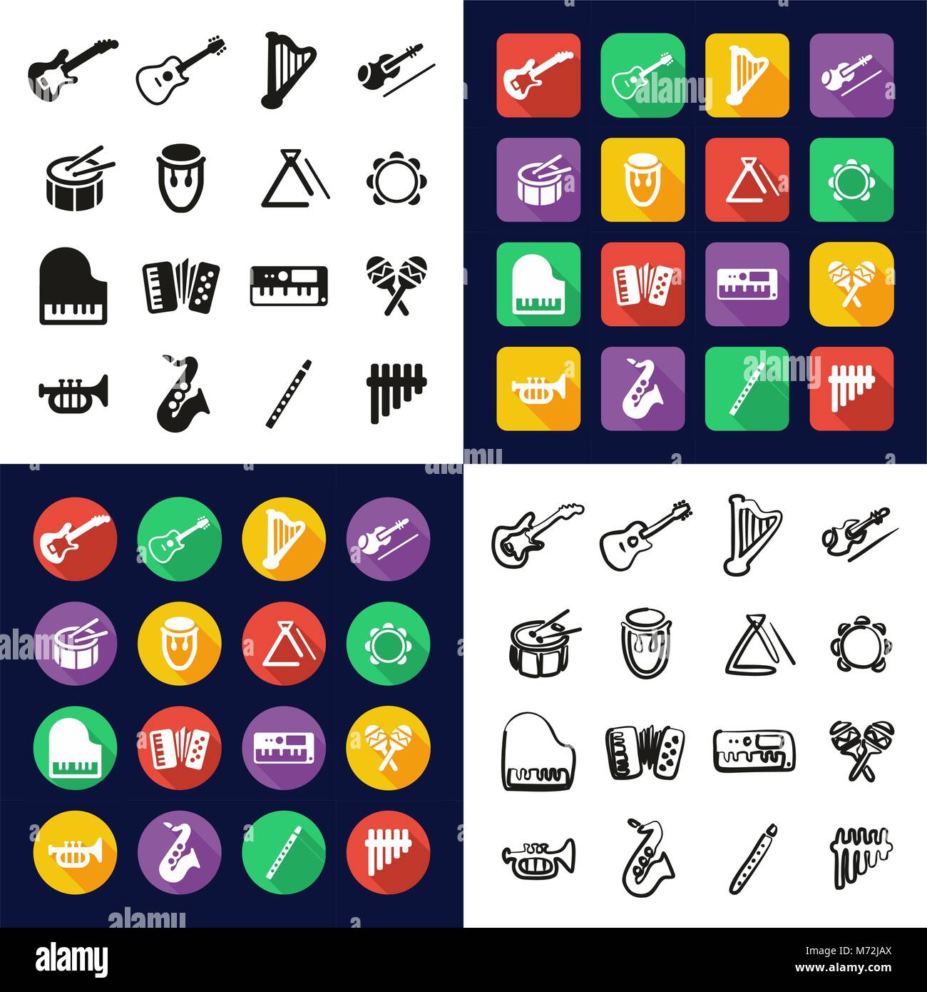 Musical Instruments All in One Icons Black & White Color Flat Design ...
