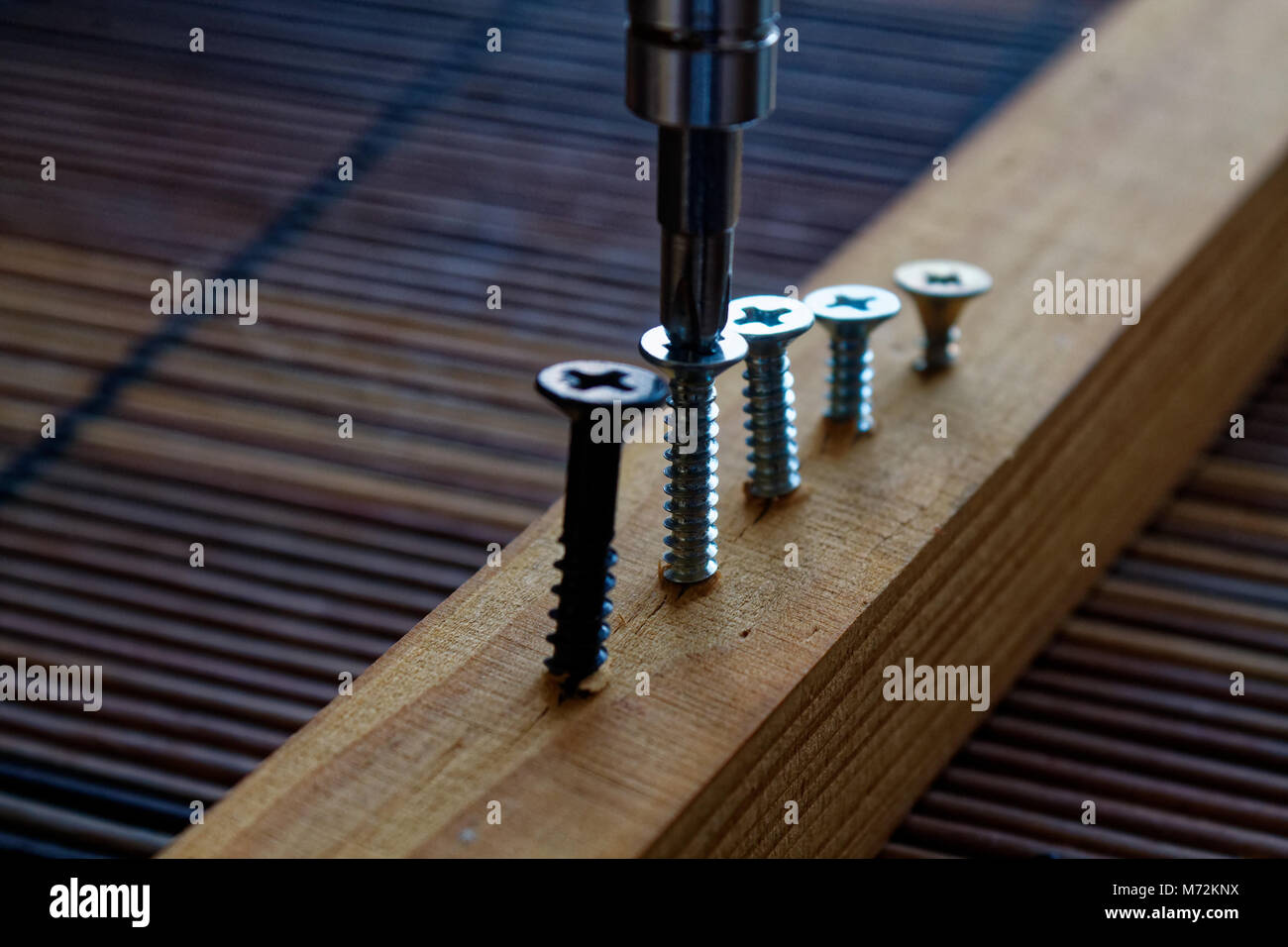 Scattered screw screwed with screwdriver into the wooden plank - front ...