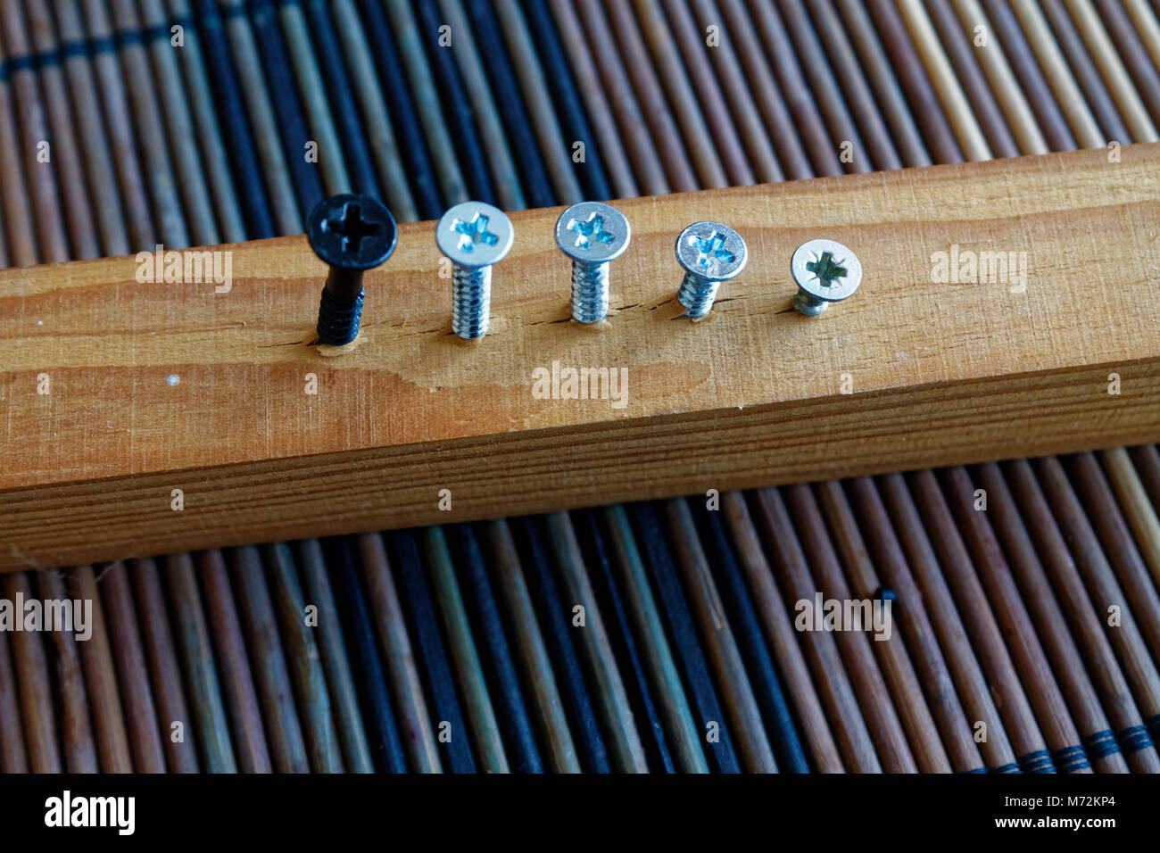 Scattered screws screwed into the wooden plank Stock Photo - Alamy