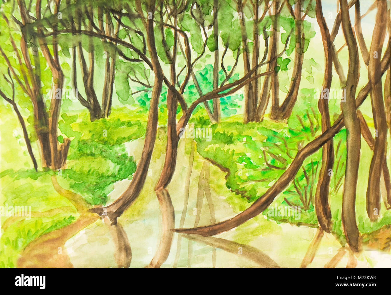 Hand painted picture, watercolours, little spring in forest. Size of ...