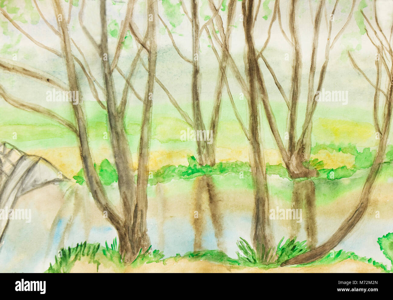Hand painted picture, watercolours, spring landscape, trees with first ...