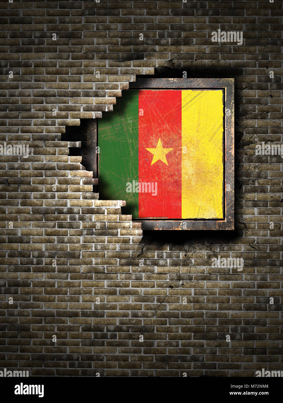 3d rendering of a Cameroon flag over a rusty metallic plate embedded on ...