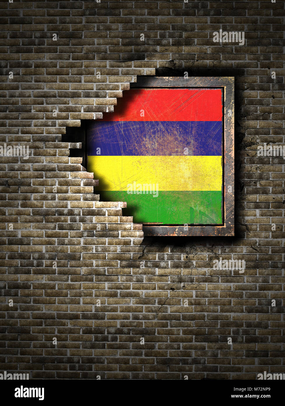 3d rendering of a Republic of Mauritius flag over a rusty metallic ...