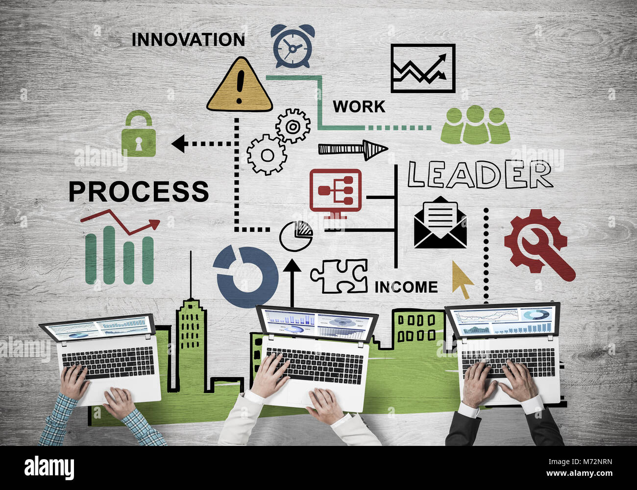 Group of three people with devices in hands working together as symbol ...